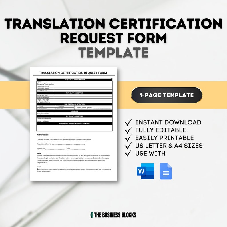 Translation Certification Request Form Template (google Docs, MS Word ...