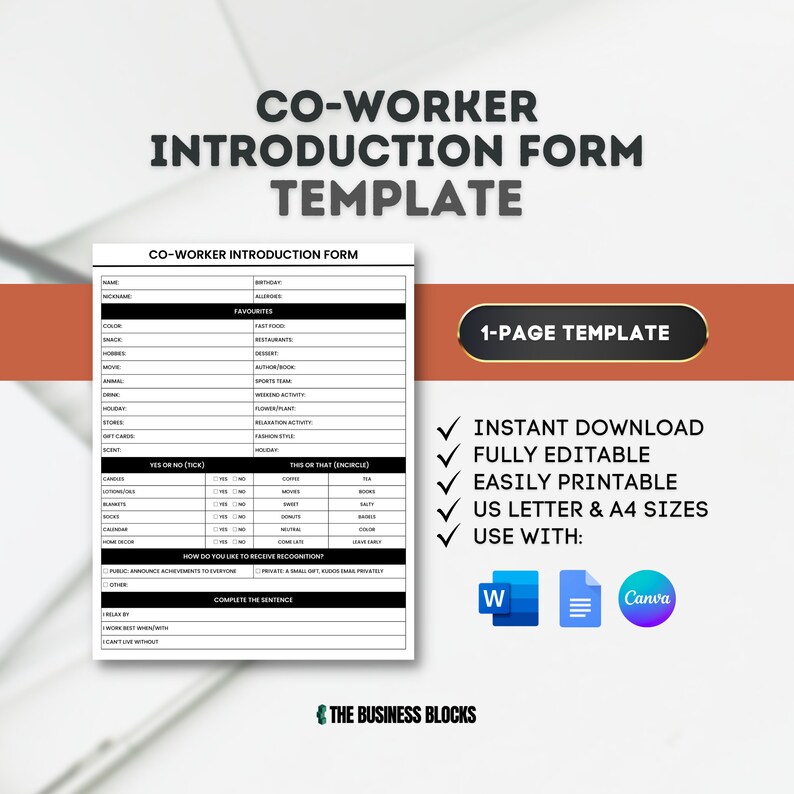 Team Building Questionnaire: Coworker Introduction Form (canva, Google ...