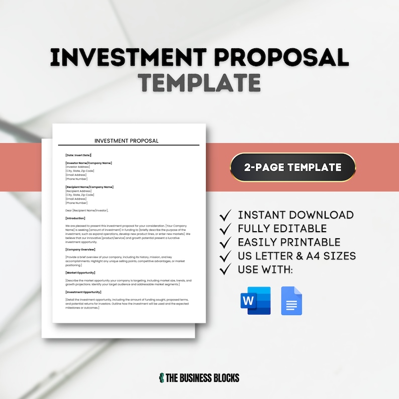 Investment Proposal Template: Business Pitch (google Docs, MS Word) - Etsy