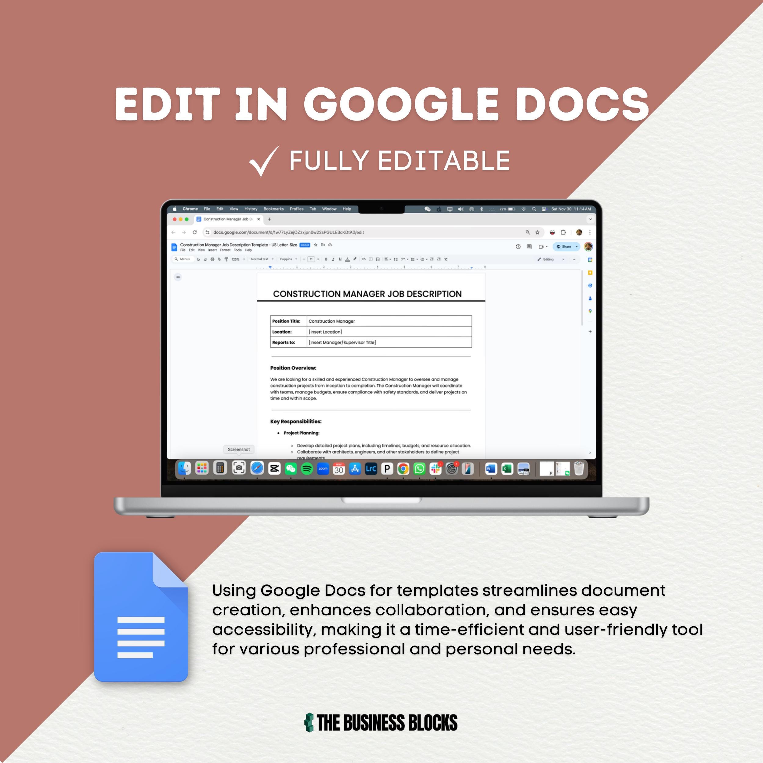Construction Manager Job Description Template: Editable 2-page Document ...