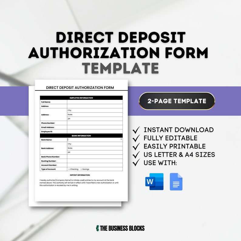 Direct Deposit Authorization Form Template: Employee Payroll (digital ...