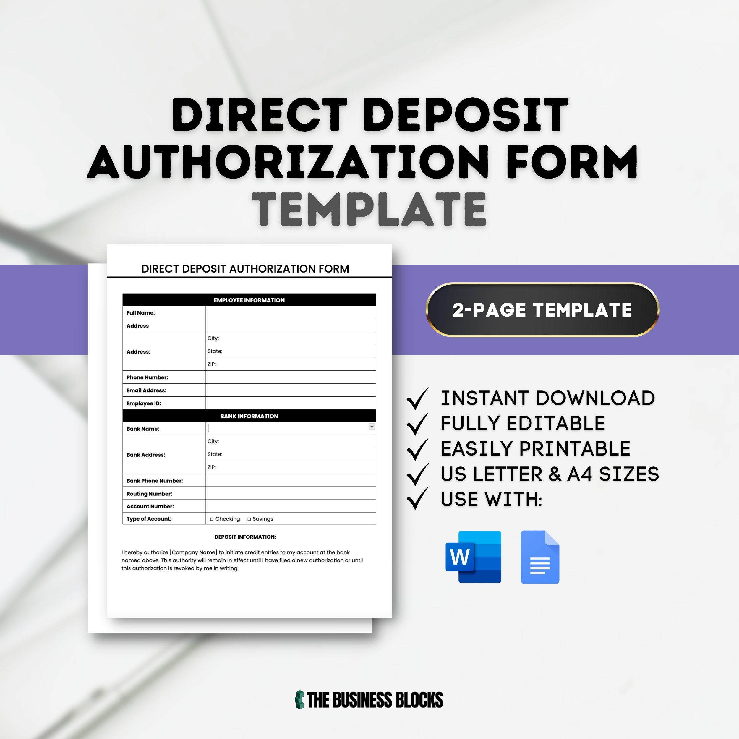 Direct Deposit Authorization Form Template: Employee Payroll (digital ...