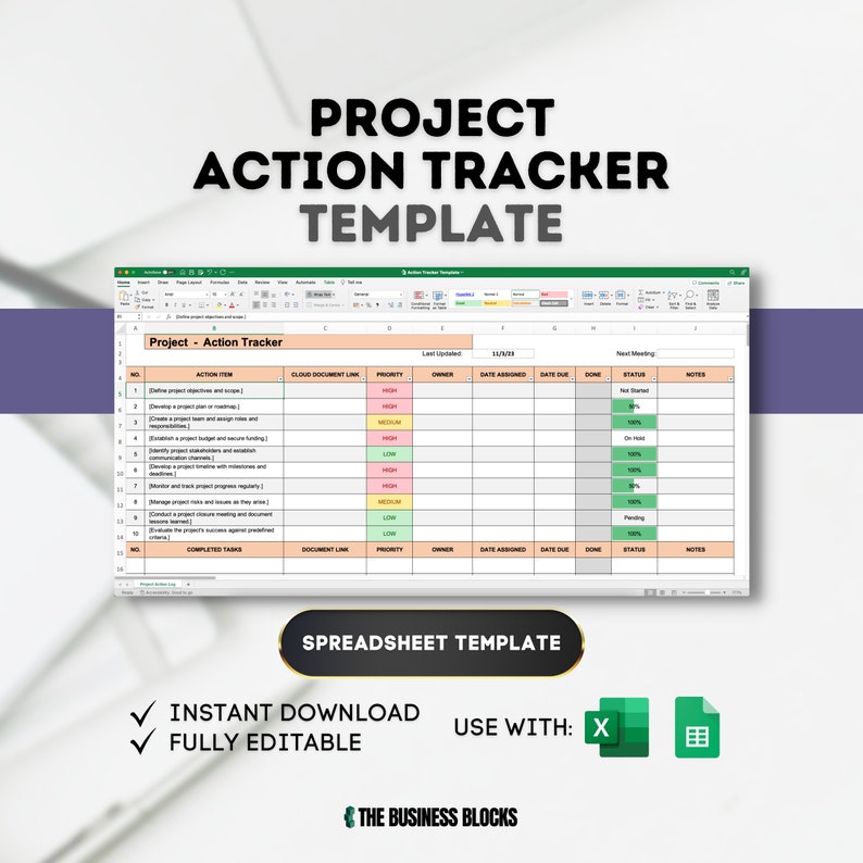Project Action Tracker Template: Task Management Spreadsheet (excel ...