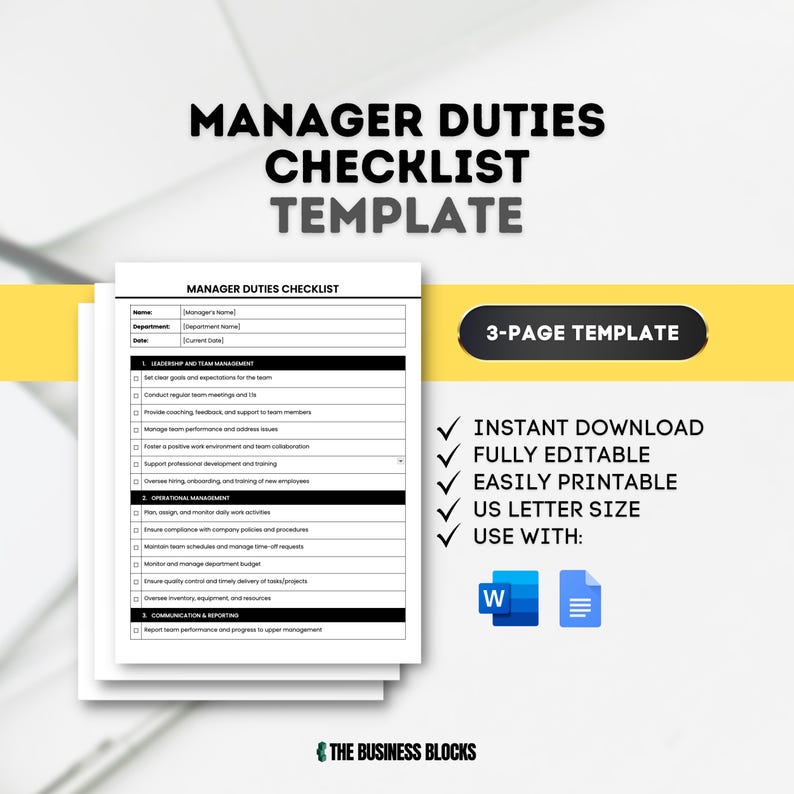Manager Duties Checklist Template Daily Manager Tasks Checklist ...