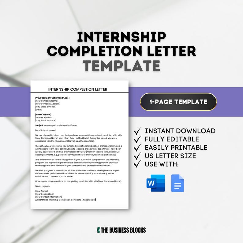 Internship Completion Letter Template (google Docs, MS Word) - Etsy