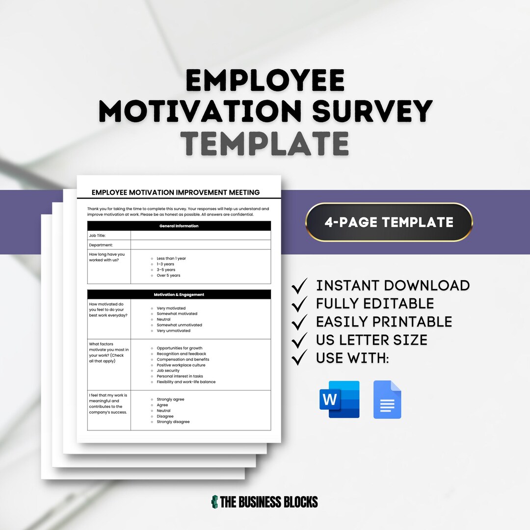 Employee Motivation Survey Template: Performance & Engagement (digital ...