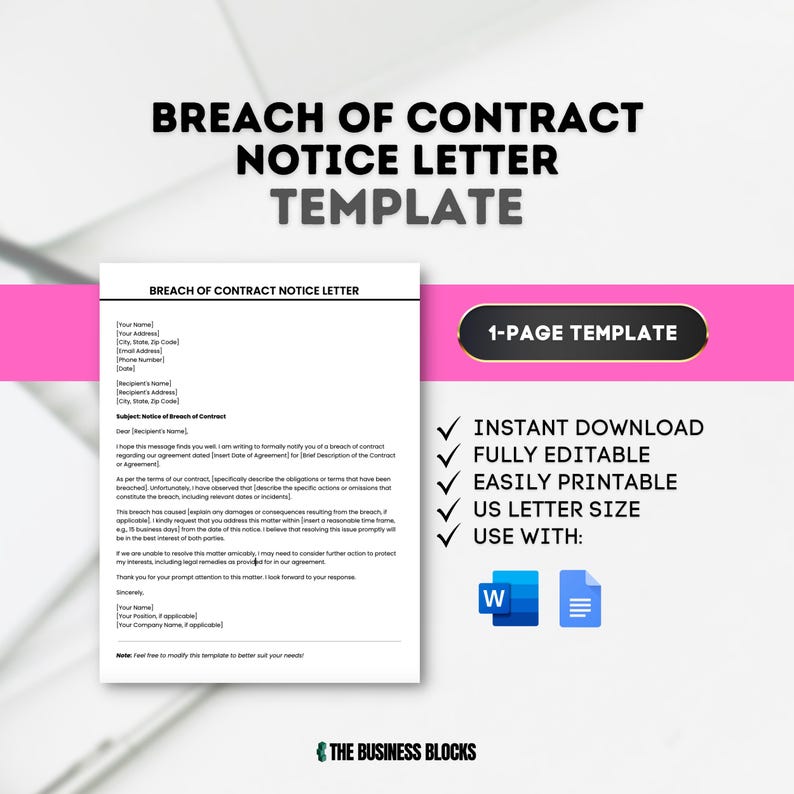 Breach of Contract Notice Letter Template (google Docs, MS Word) - Etsy