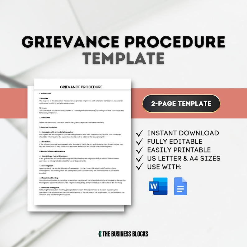 Grievance Procedure Template: HR Employee Policy (google Docs, MS Word) - Etsy
