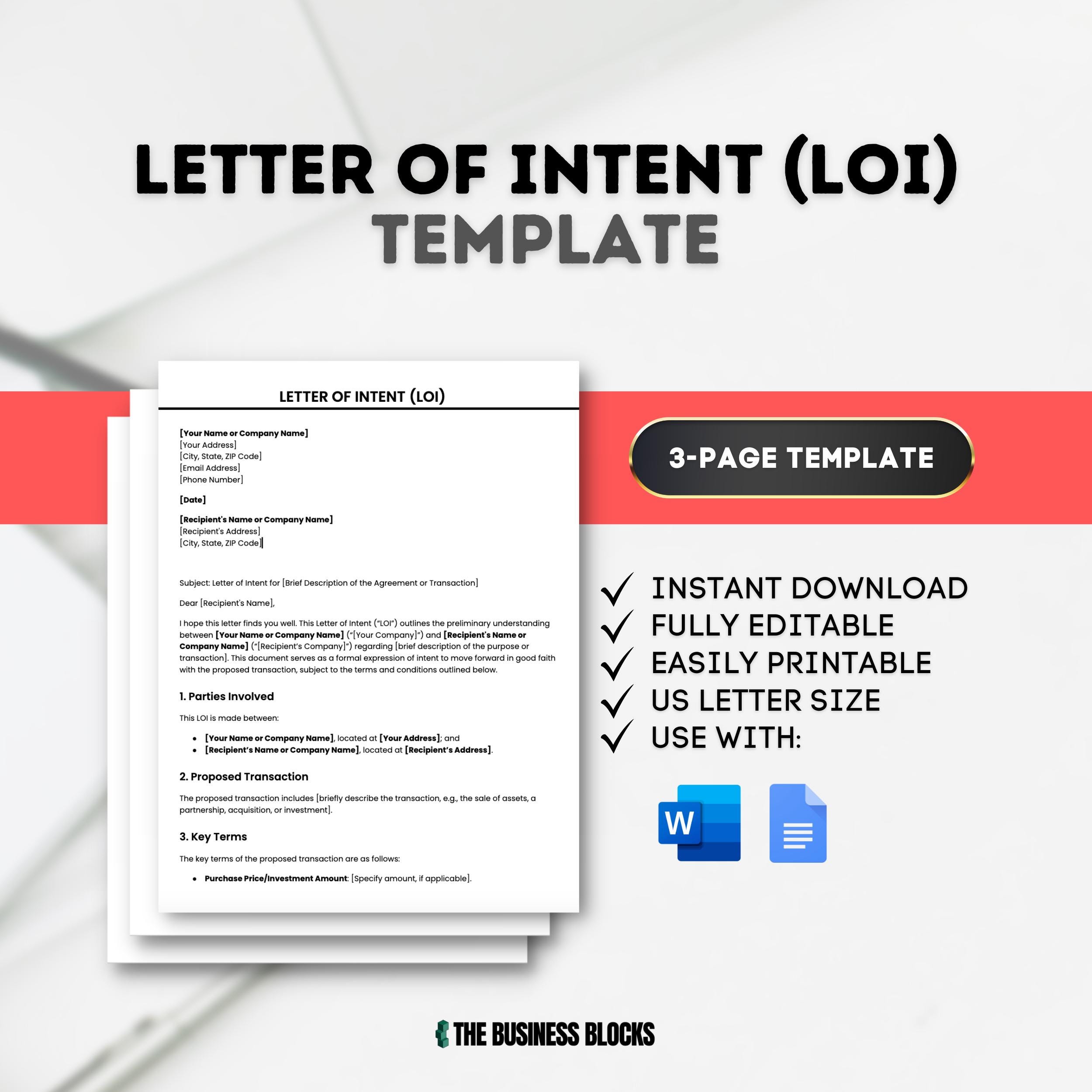 Letter of Intent Template: Professional LOI Format (digital Download ...
