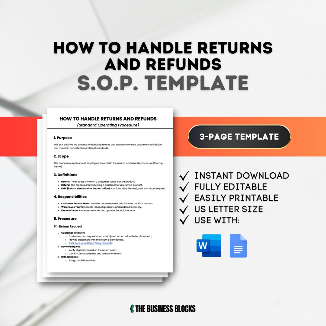 Returns & Refunds SOP Template: Editable Business Policy (google Docs ...