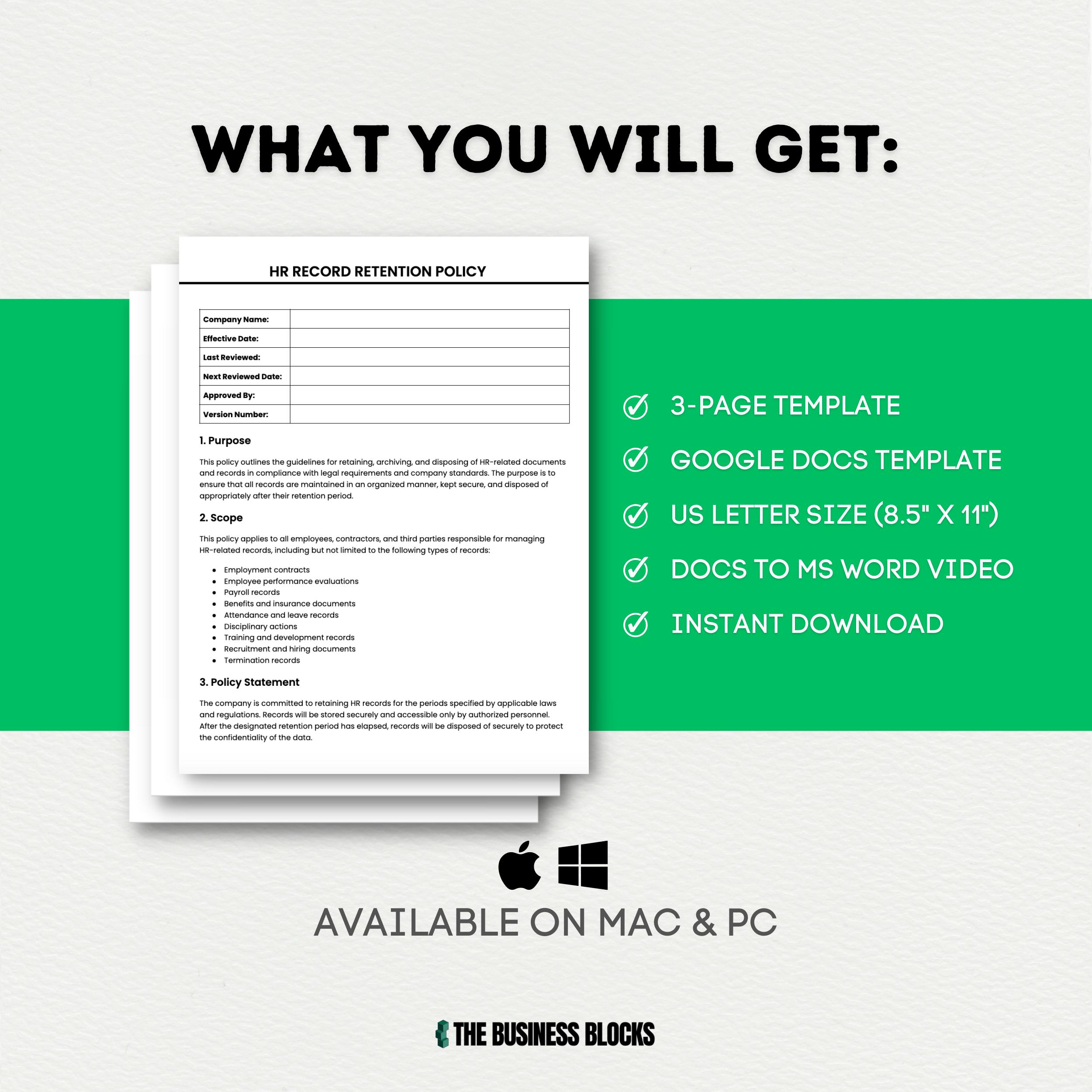 HR Record Retention Policy Template: Editable Compliance Document (US ...