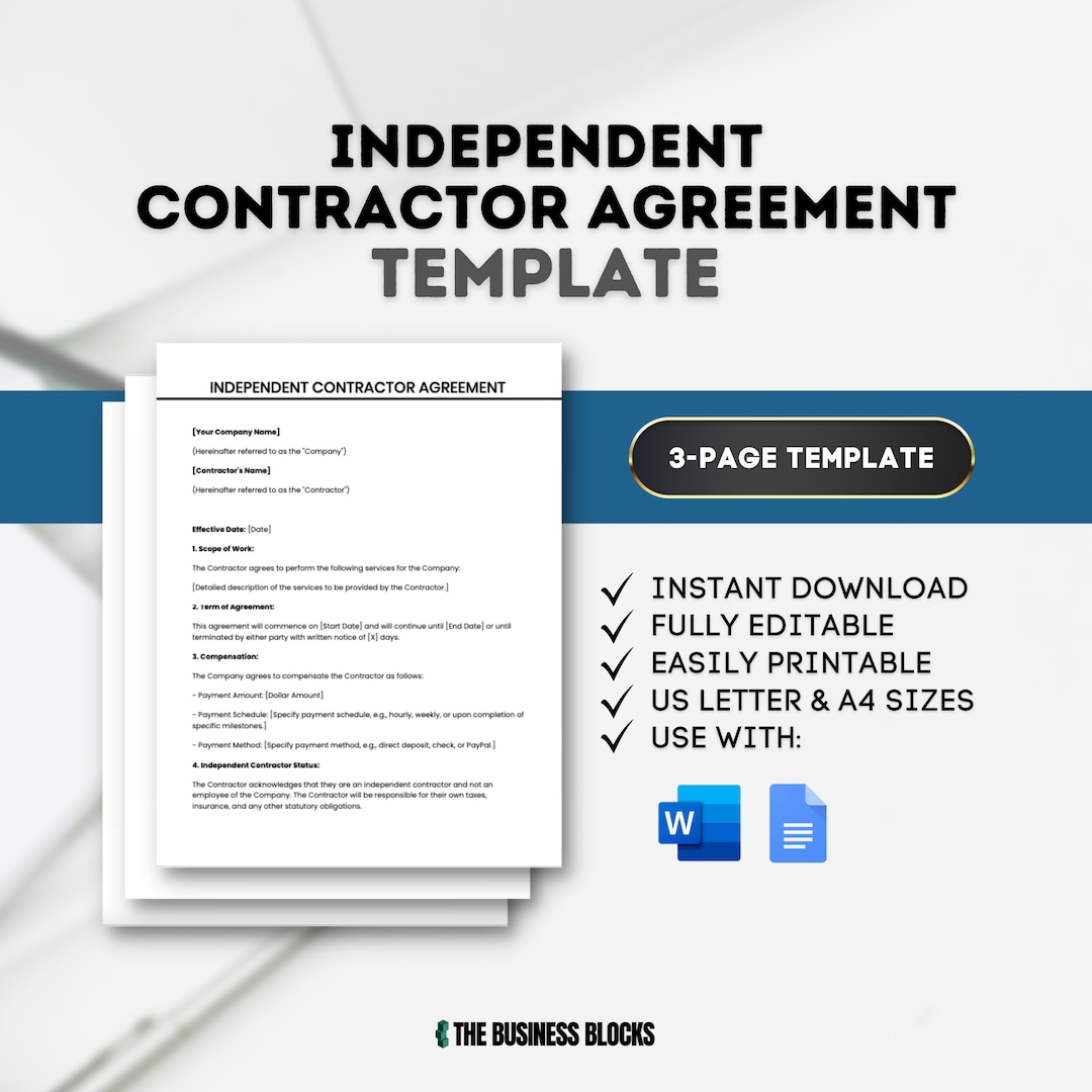 Simple Independent Contractor Agreement Template Editable Contract for ...