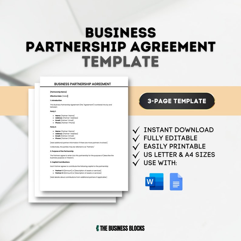 Business Partnership Agreement Template: Editable Contract (digital ...