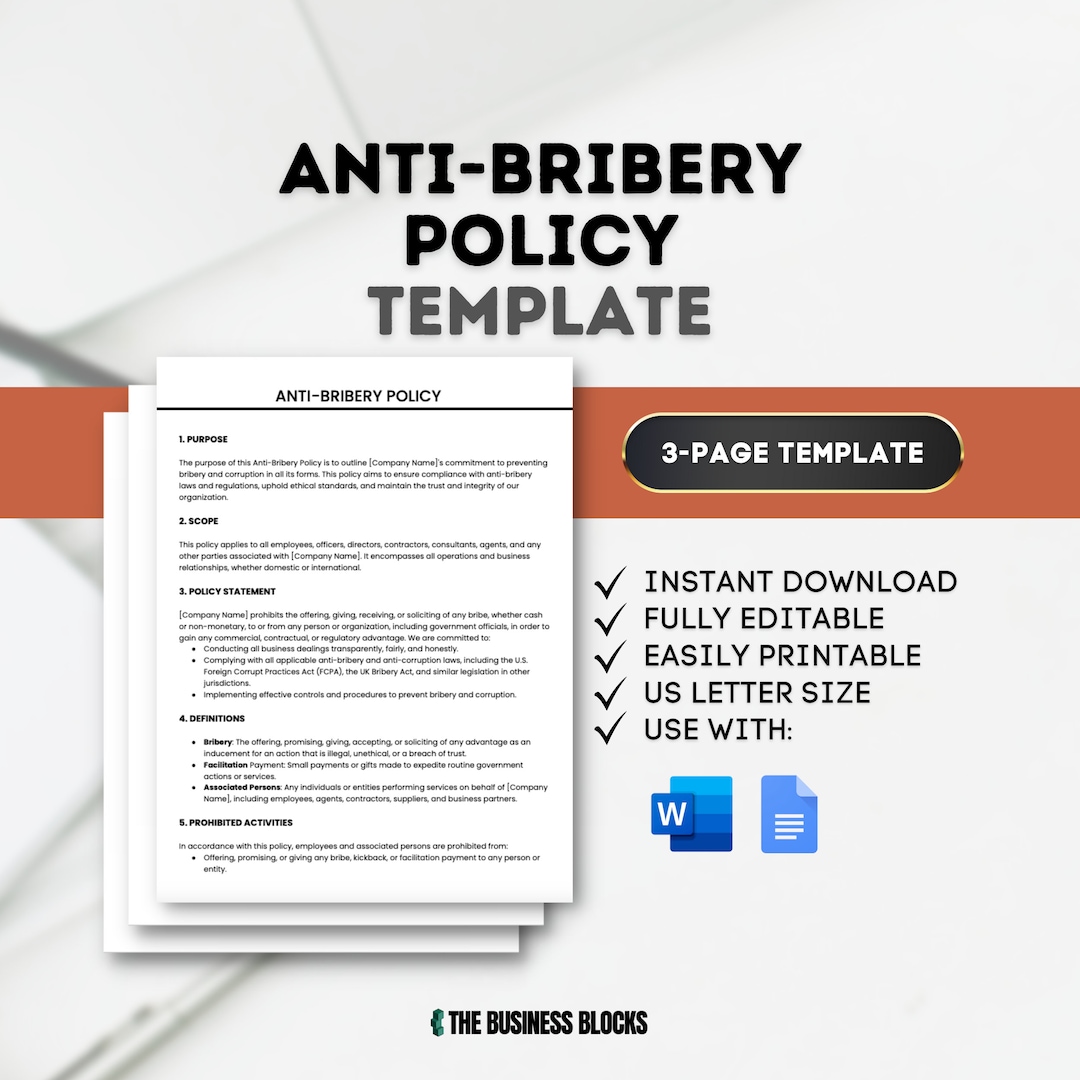 Anti-bribery Policy Template: HR Compliance (google Docs, MS Word) - Etsy