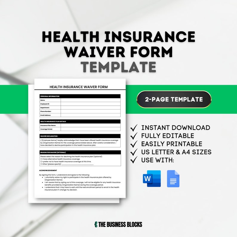 Health Insurance Waiver Form Template: Editable Coverage Opt-out ...