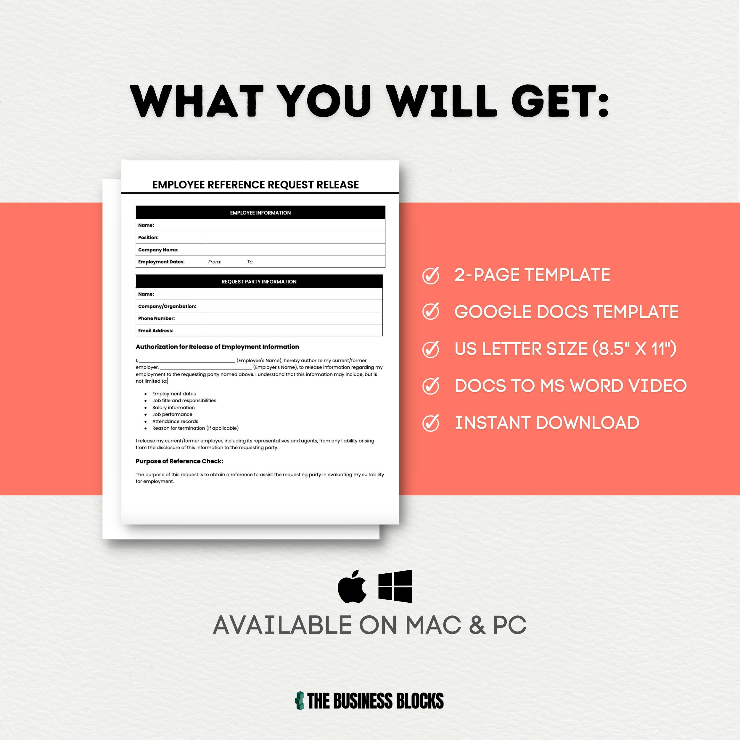 Employee Reference Request Release Template (google Docs, MS Word) - Etsy