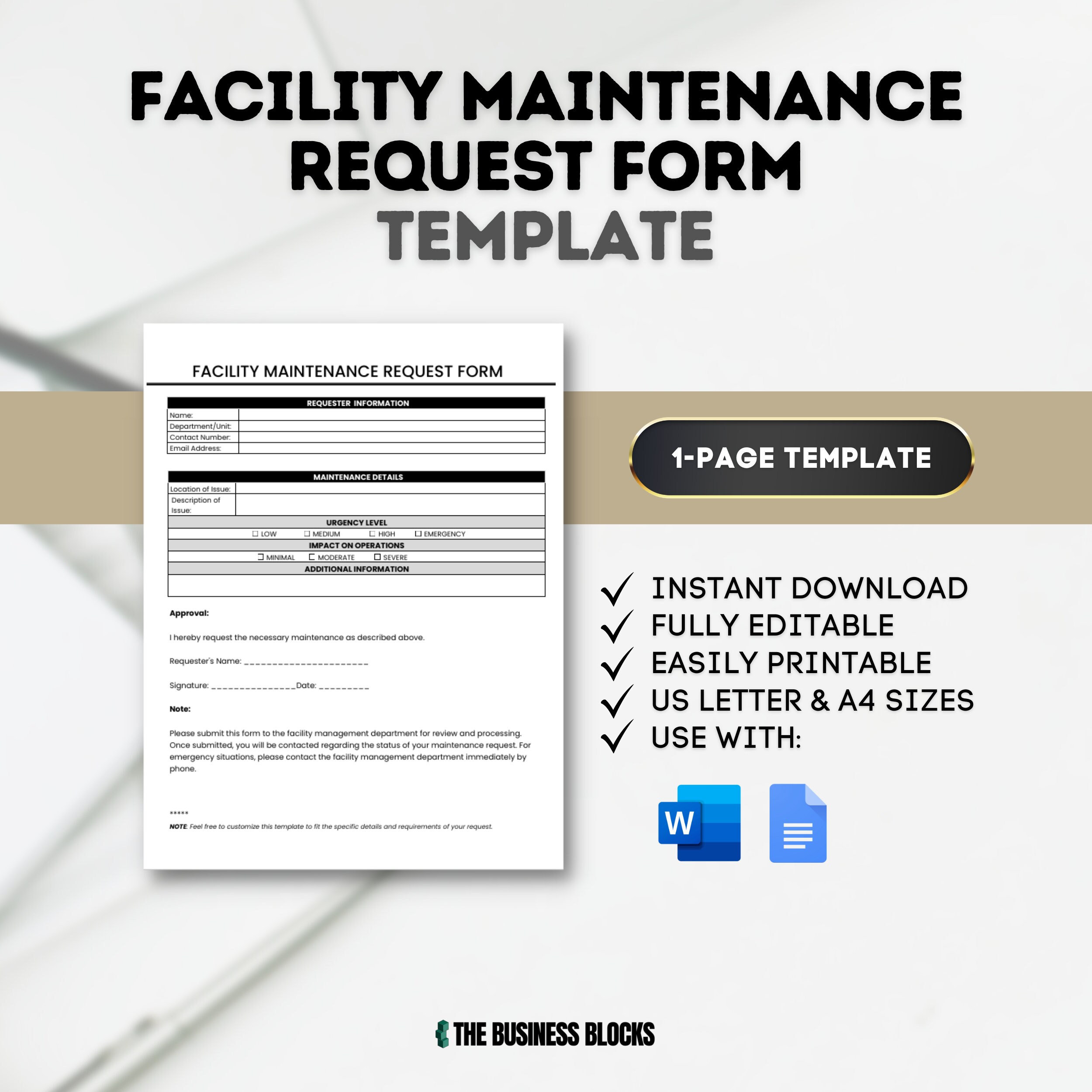 Facility Maintenance Request Form Template (google Docs, MS Word) - Etsy