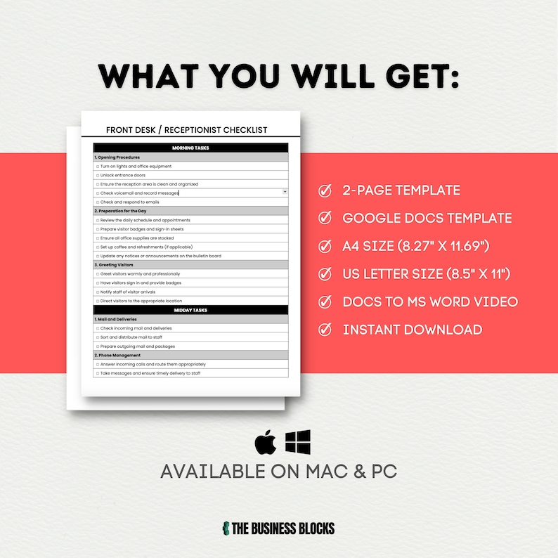 Front Desk Receptionist Checklist Template (google Docs, MS Word) - Etsy
