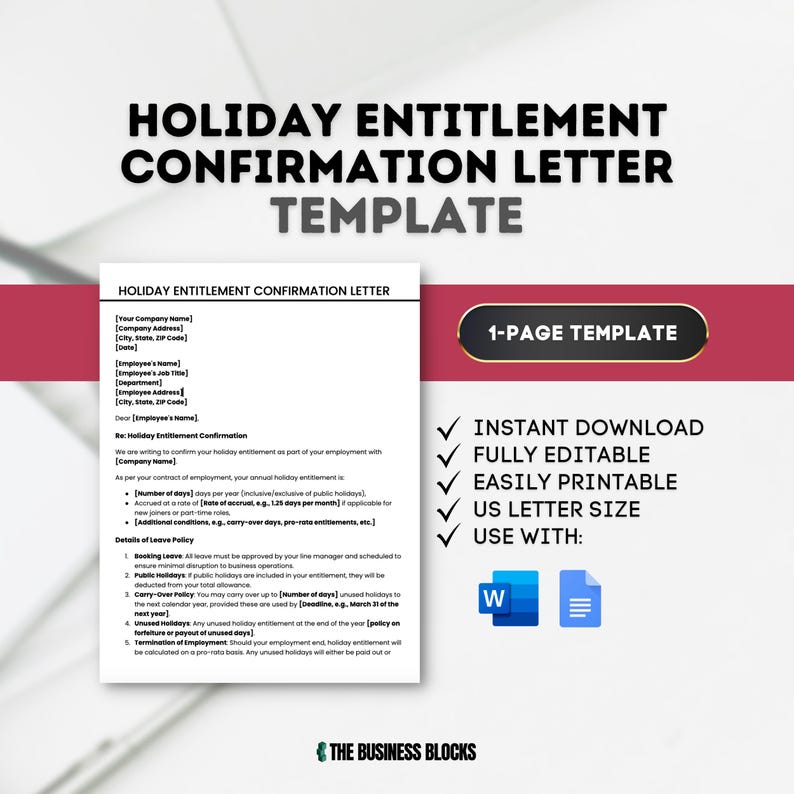 Holiday Entitlement Confirmation Letter Template (google Docs, MS Word ...