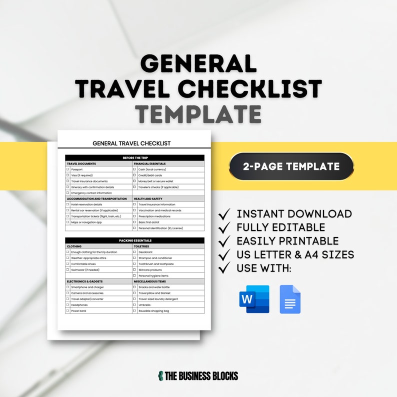 General Travel Checklist Template Vacation Packing List Trip Planning ...