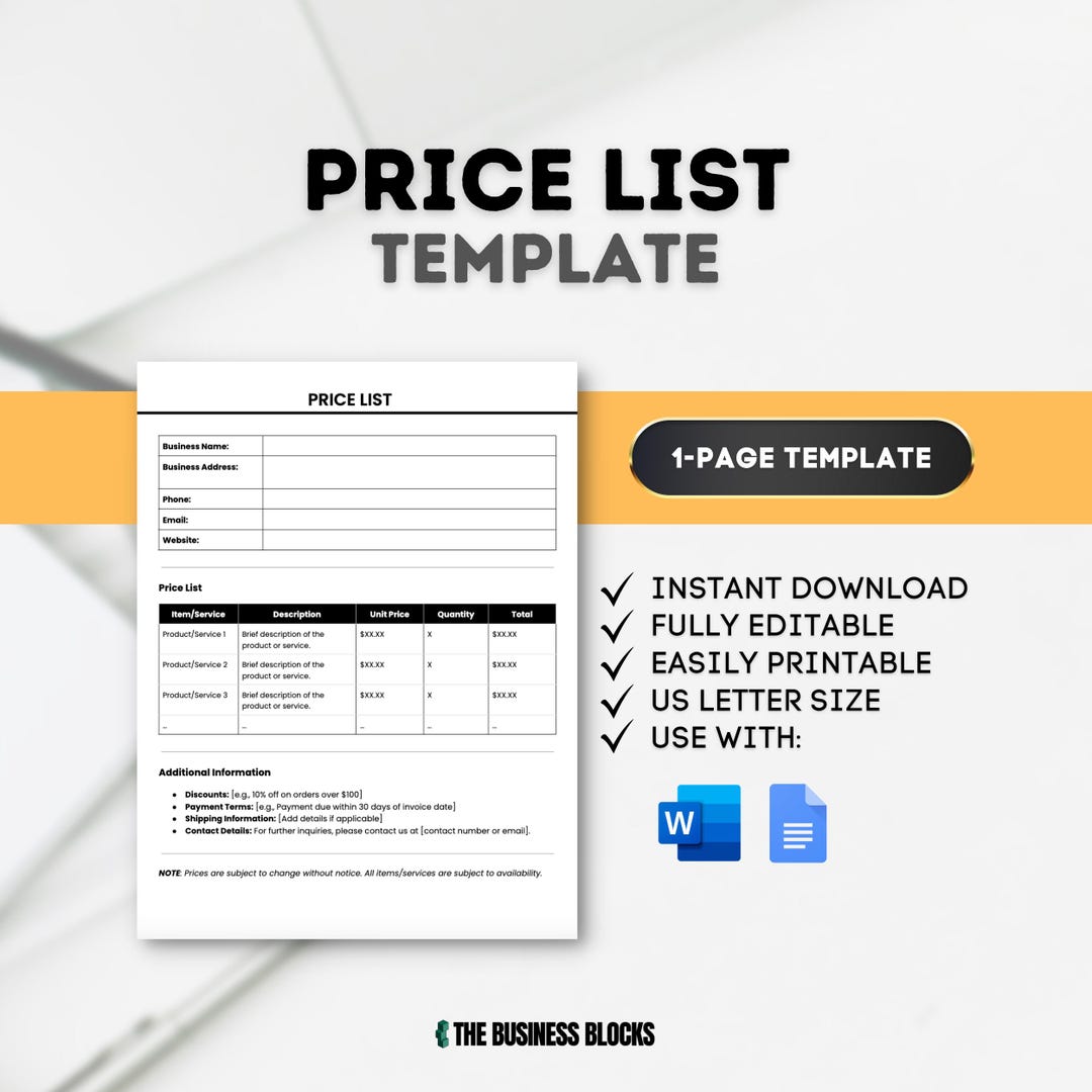 Editable Price List Template: Professional Pricing Guide (US Letter) - Etsy