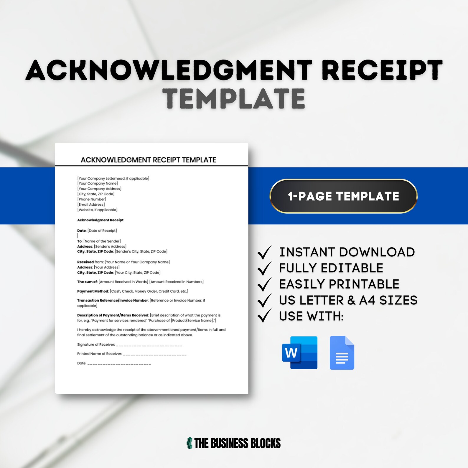 Acknowledgment Receipt Template: Small Business Sales, Instant Download ...