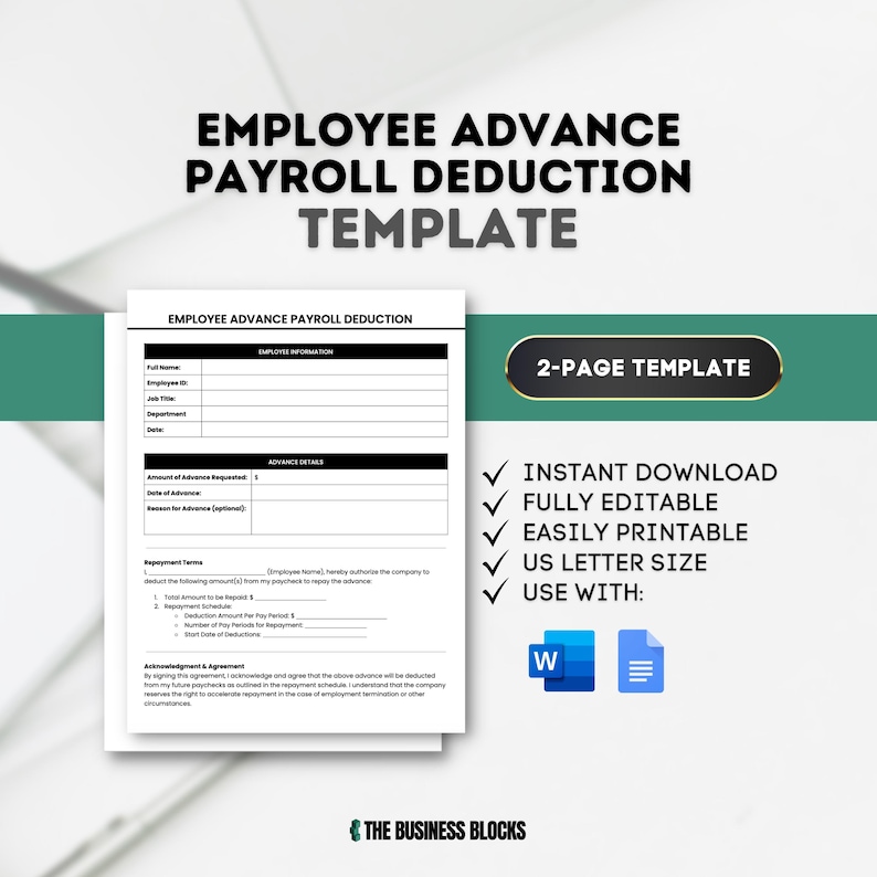 Employee Advance Payroll Deduction Template (google Docs, MS Word) - Etsy