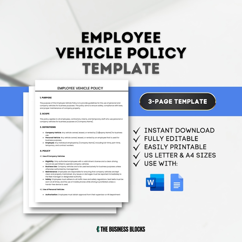 Employee Vehicle Policy Template: Company Car Use (google Docs, MS Word ...