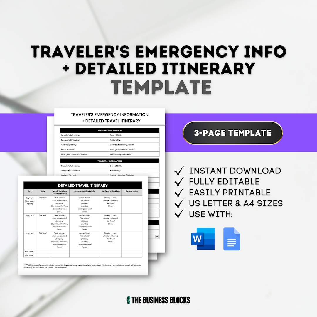 Travel Emergency Information & Itinerary Template (digital Download) - Etsy