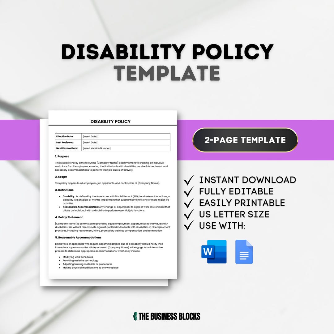 Disability Policy Template: Employee Accommodation, ADA Compliance ...