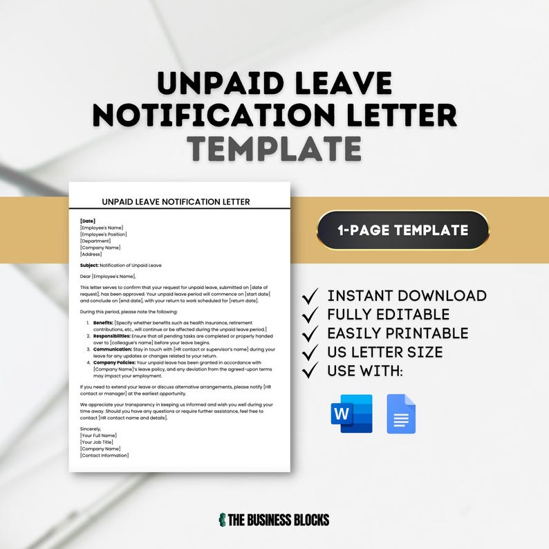 Unpaid Leave Notification Letter Template (google Docs, MS Word) - Etsy
