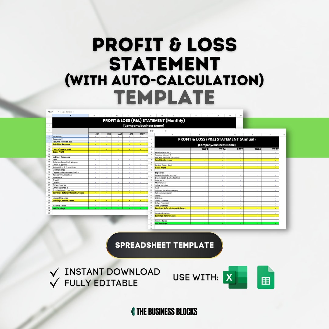 Profit & Loss Statement Template With Auto-calculation Income Statement ...