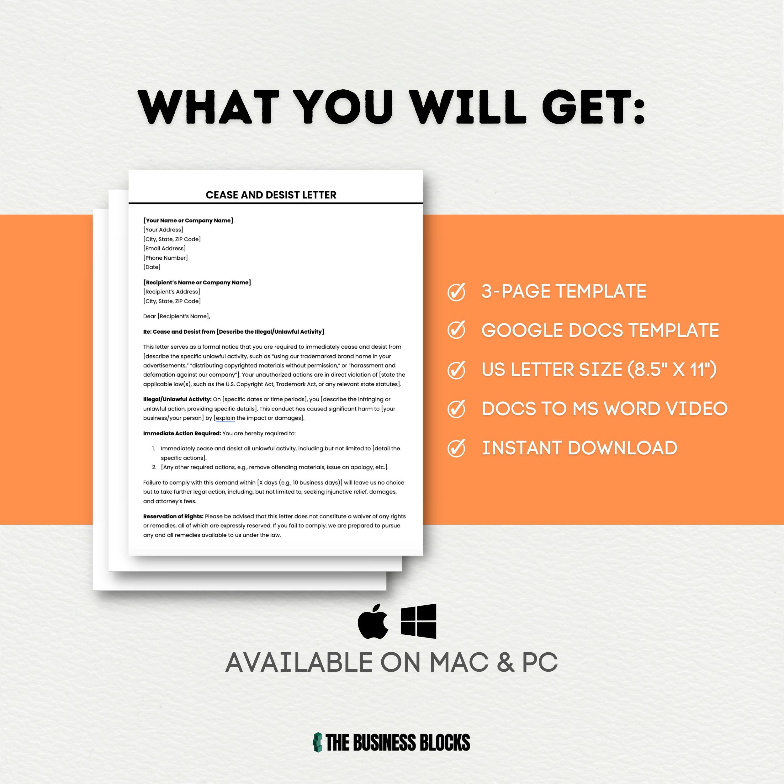 Cease and Desist Letter Template: Copyright Violation (digital Download ...