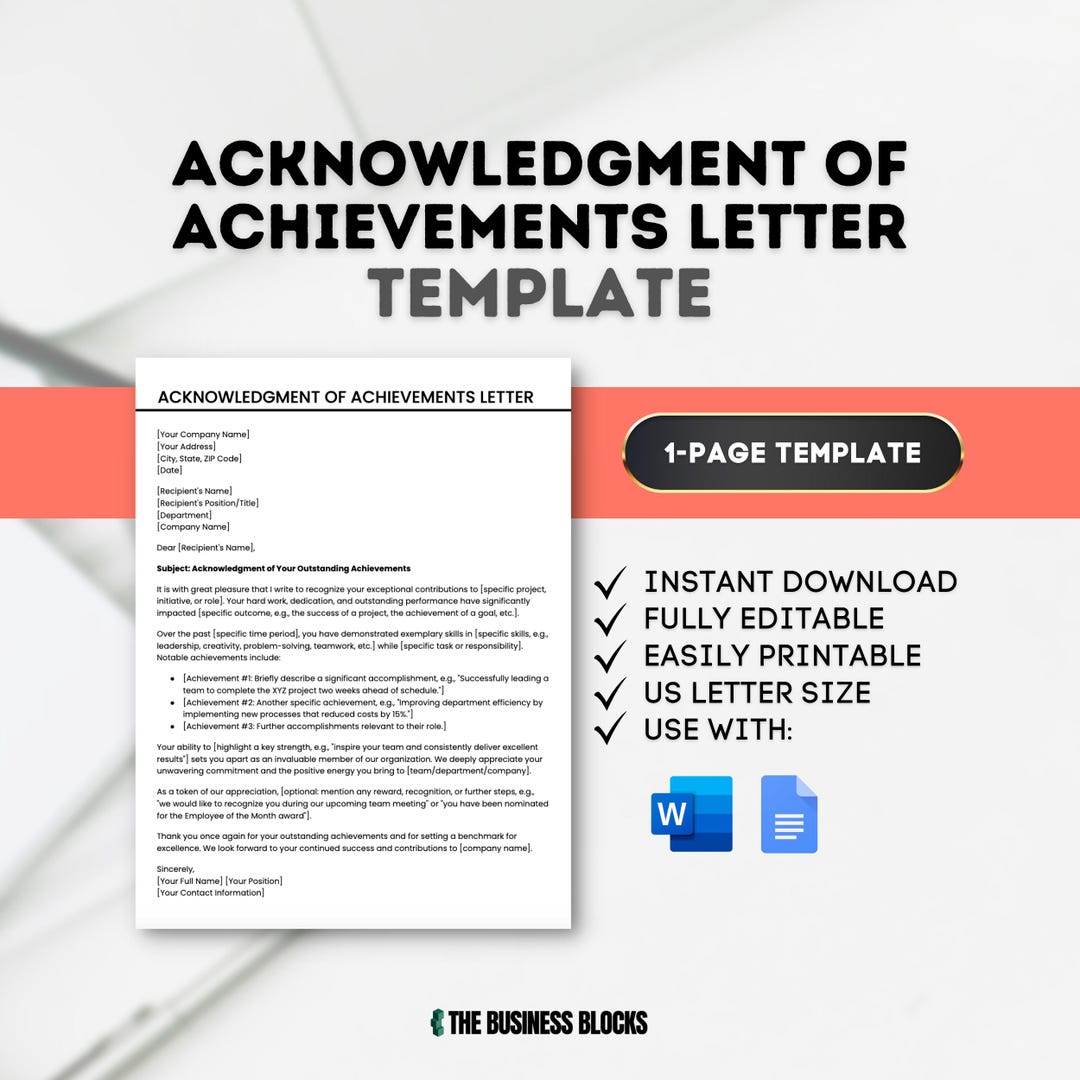 Employee Achievement Letter Template: Work Recognition (google Docs, MS ...