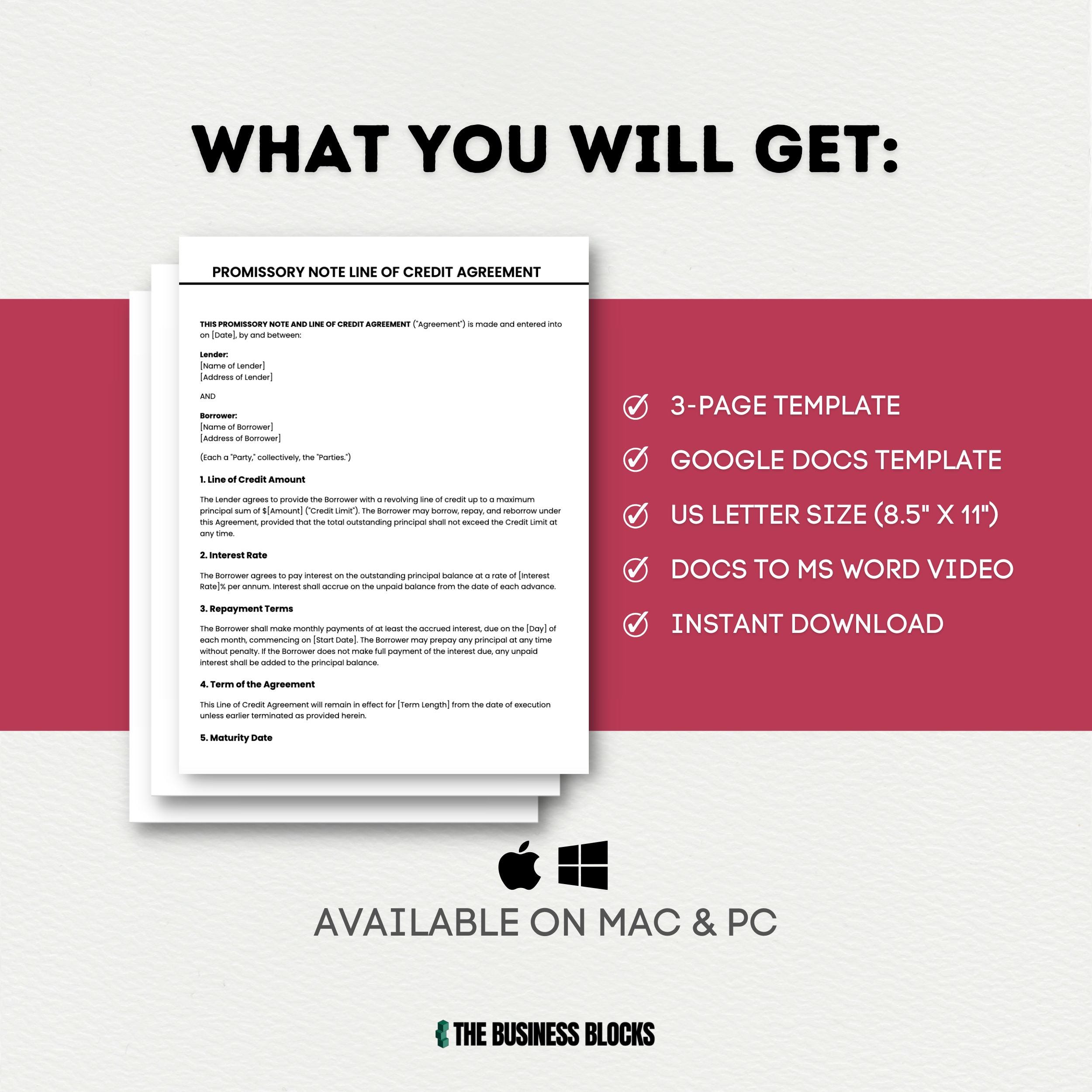 Promissory Note Line of Credit Agreement Template (digital Download) - Etsy