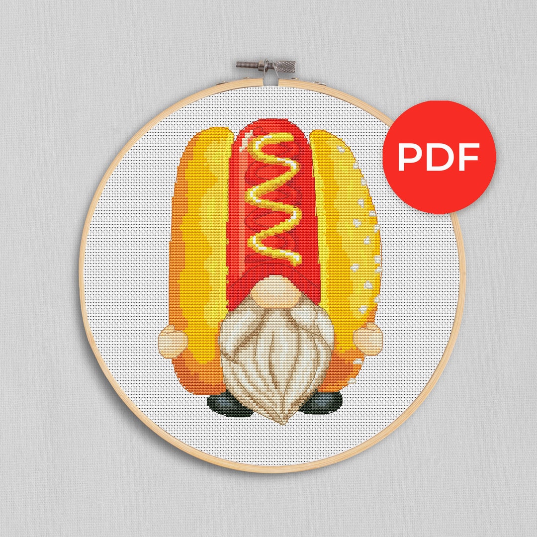 Hot Dog, Cross Stitch Pattern, Kitchen Cross Stitch, Gnomes Cross ...