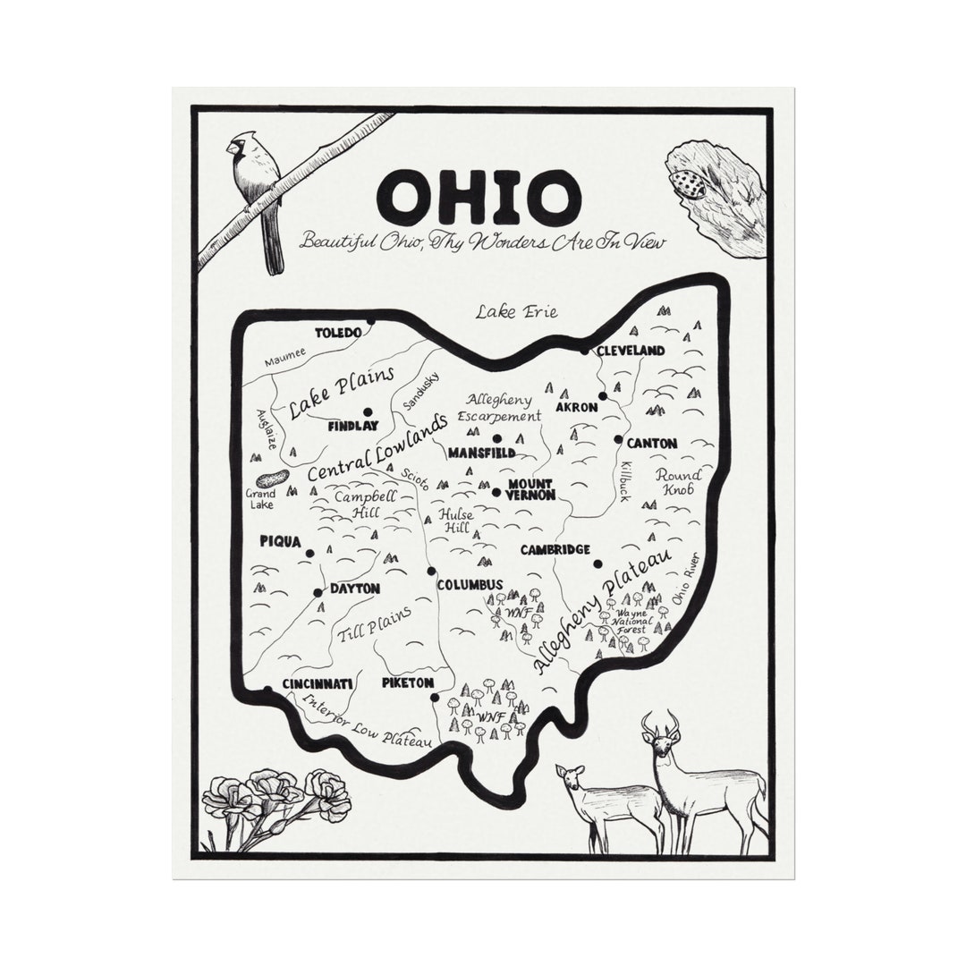 Hand-drawn Map of Ohio Fine Art Print Wall Art Wall Decor - Etsy