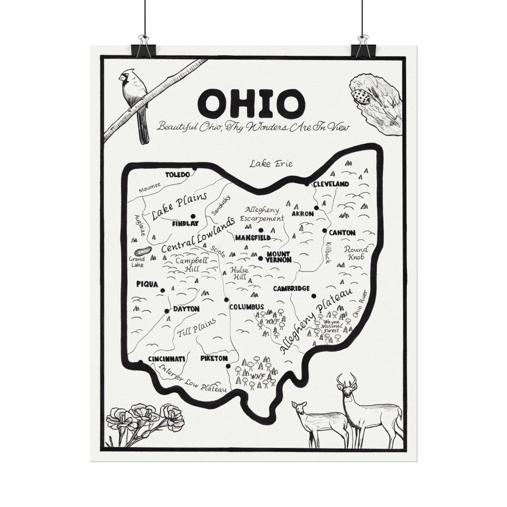 Hand-drawn Map of Ohio Fine Art Print Wall Art Wall Decor - Etsy