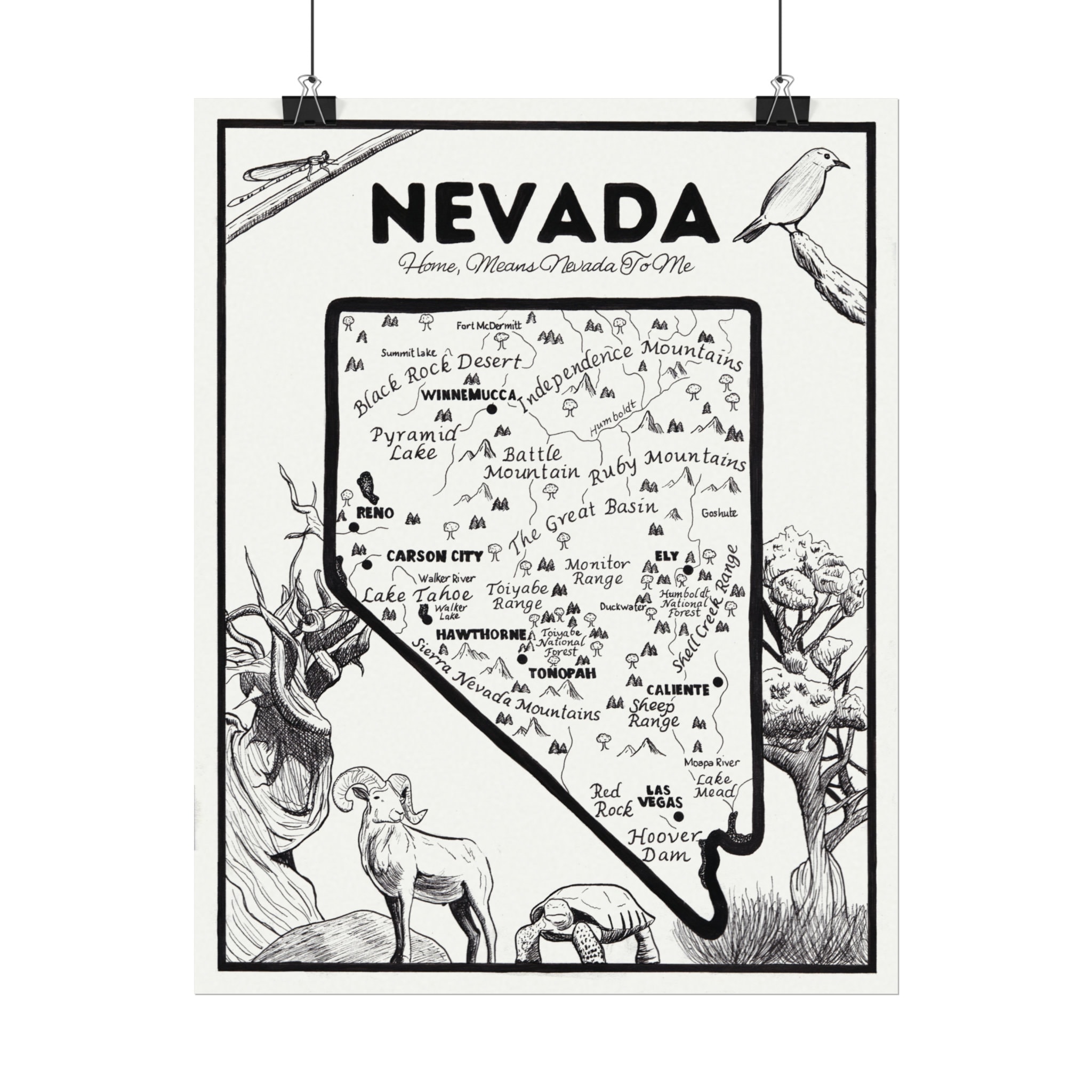 Hand-drawn Map of Nevada Fine Art Print Wall Art Wall - Etsy