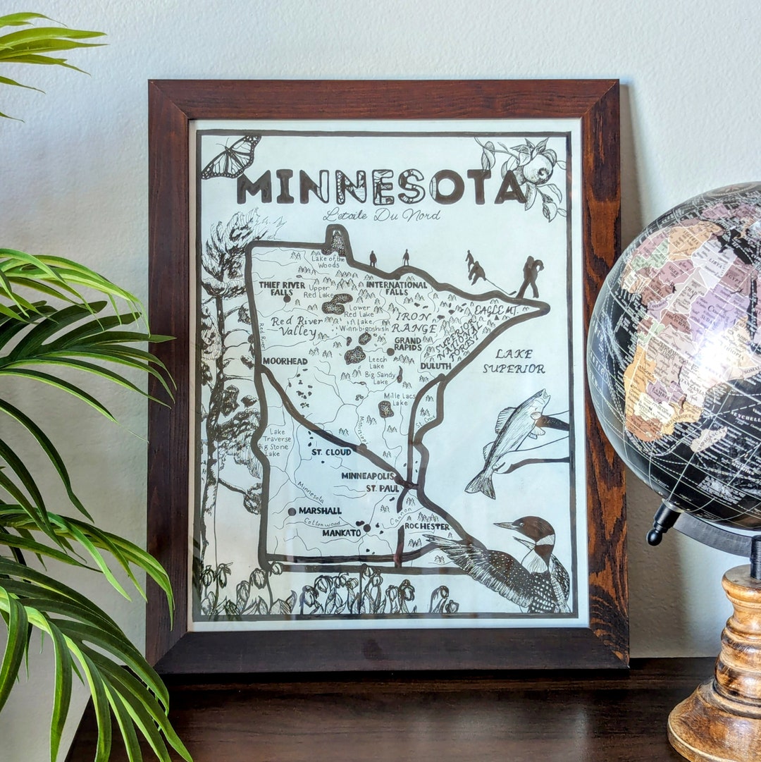 Minnesota Map Wall Art - Fine Art Print of Hand-drawn Map, Wall Art ...