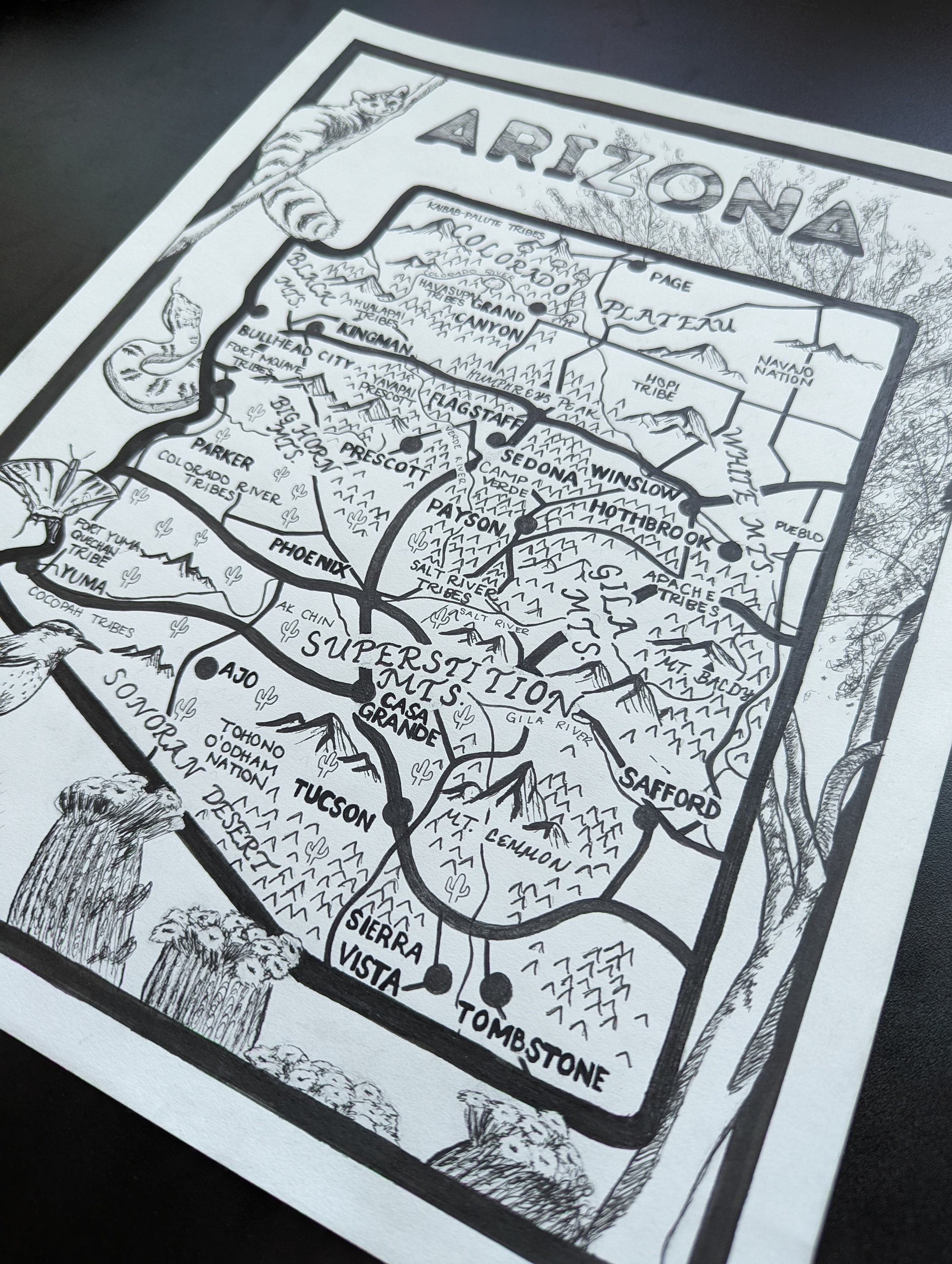 Hand-drawn Map of Arizona Fine Art Print, Wall Art, Wall Decor, Unique ...
