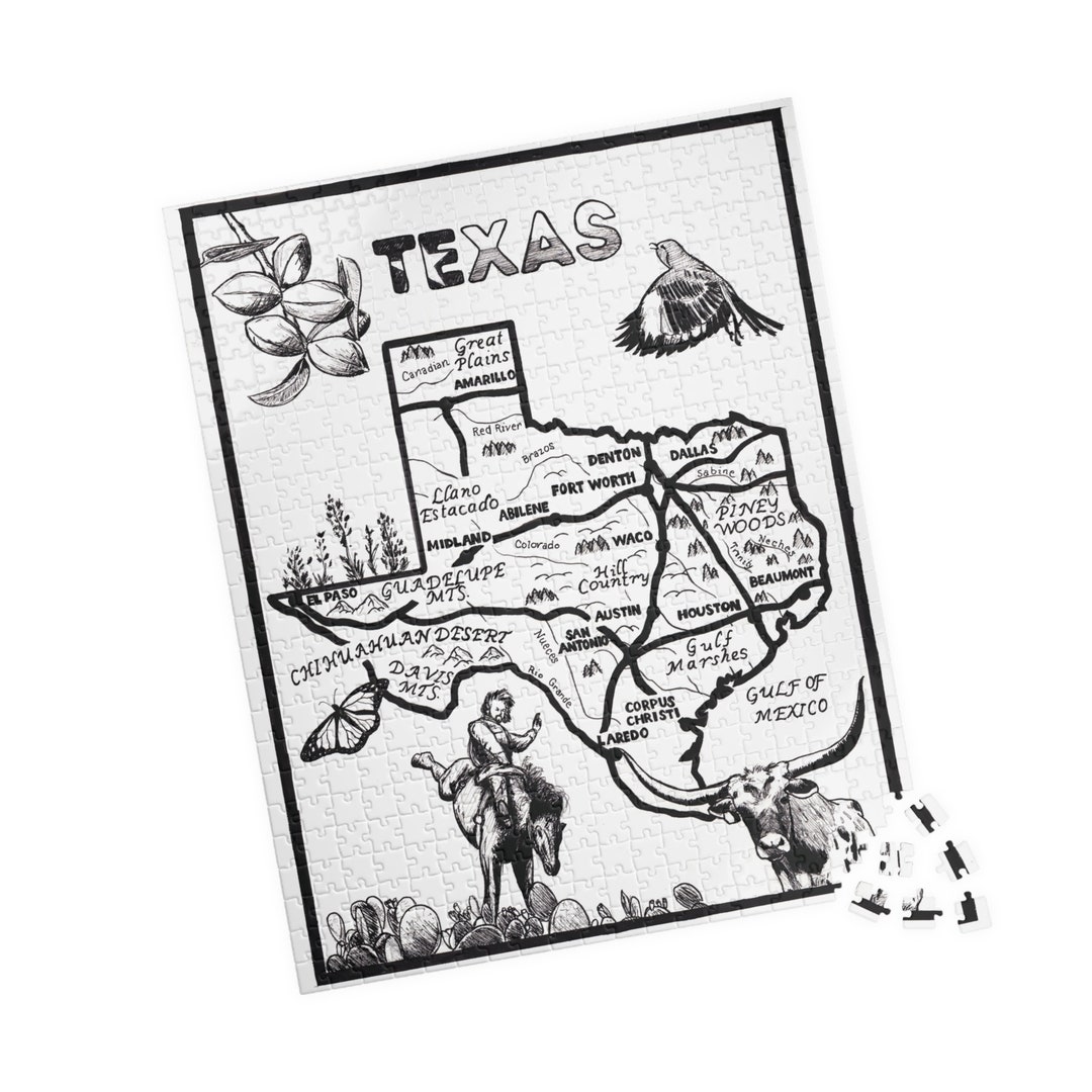 TEXAS PUZZLE State Symbol Map of Hand-drawn Artwork Jigsaw Puzzle ...