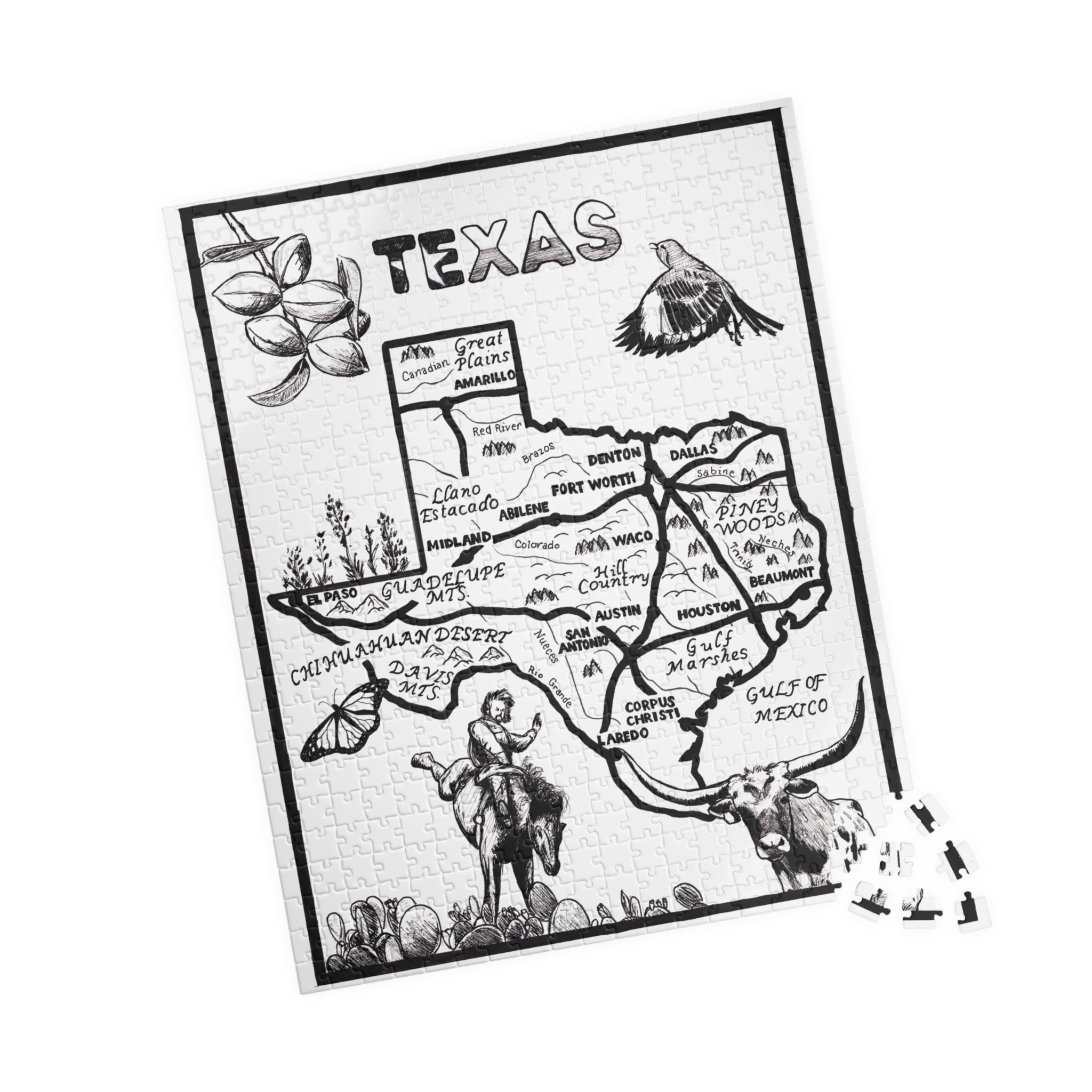 TEXAS PUZZLE State Symbol Map of Hand-drawn Artwork Jigsaw Puzzle ...