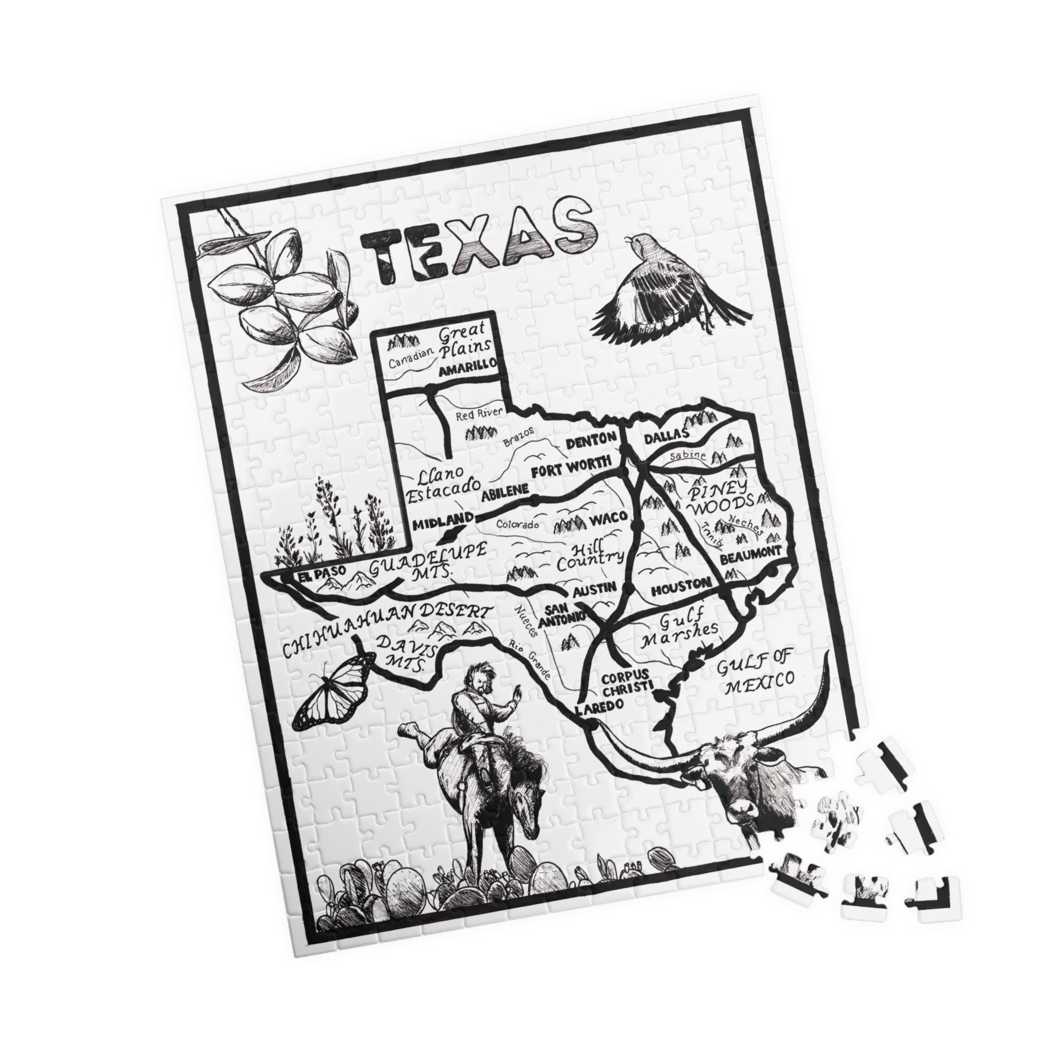 TEXAS PUZZLE State Symbol Map of Hand-drawn Artwork Jigsaw Puzzle ...