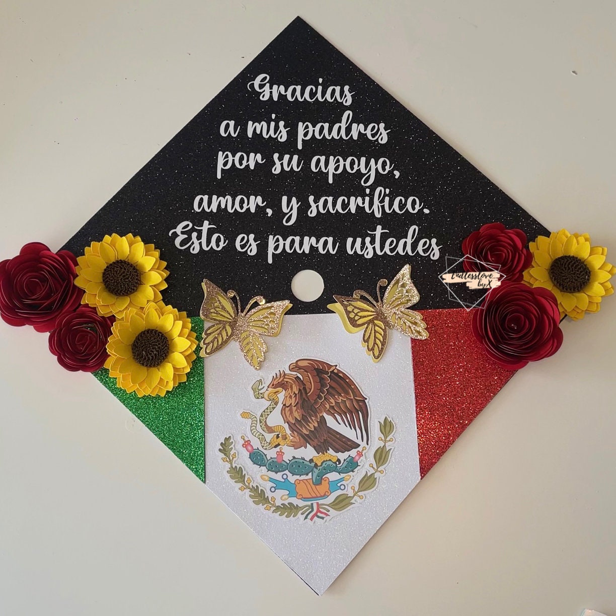 Graduation Cap Topper Mexico Flag Colors Sunflowers Gracias a Mi Madre ...