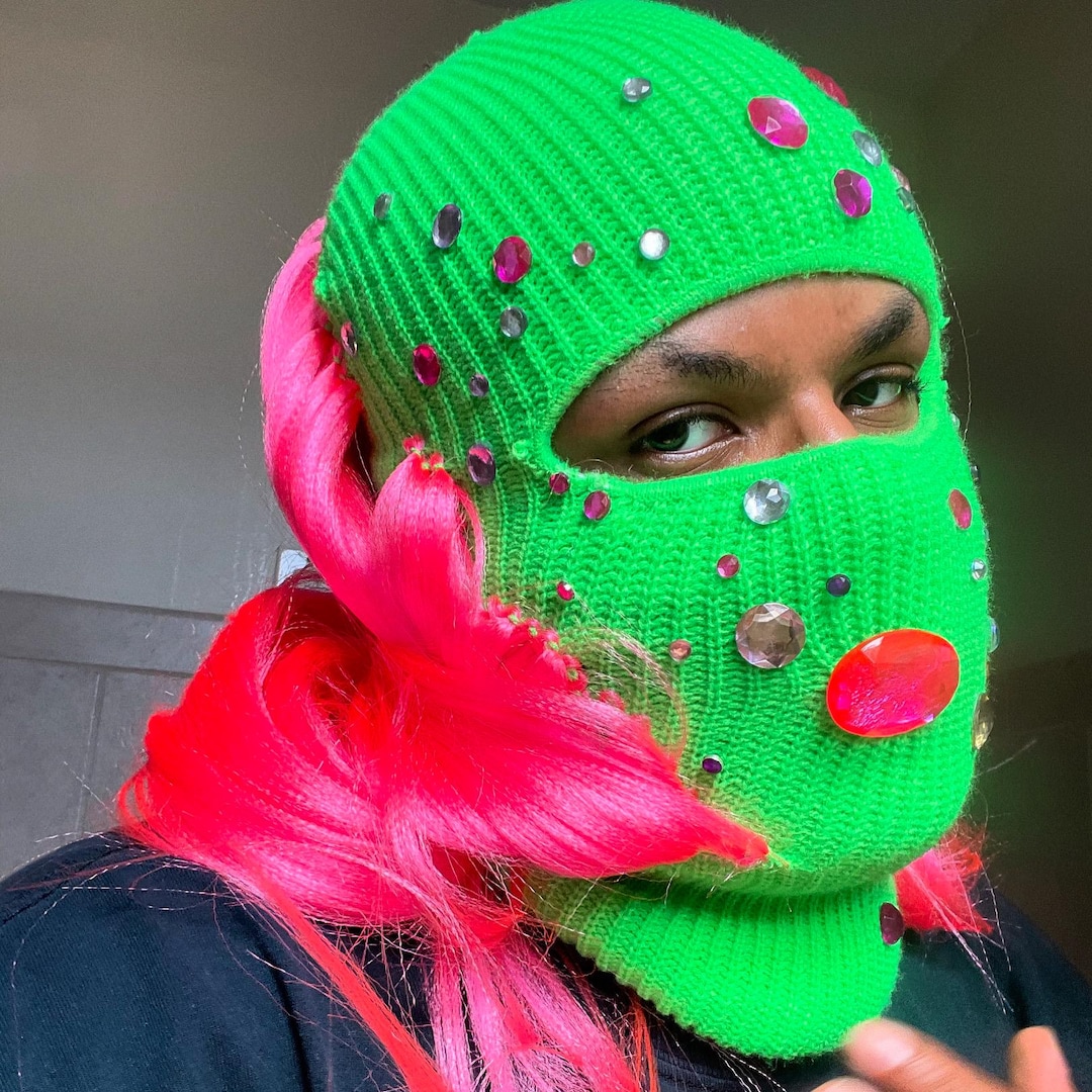 Neon Green Bedazzled Baclava Wig Balaclava Buss Down, Rhinestone Ski ...