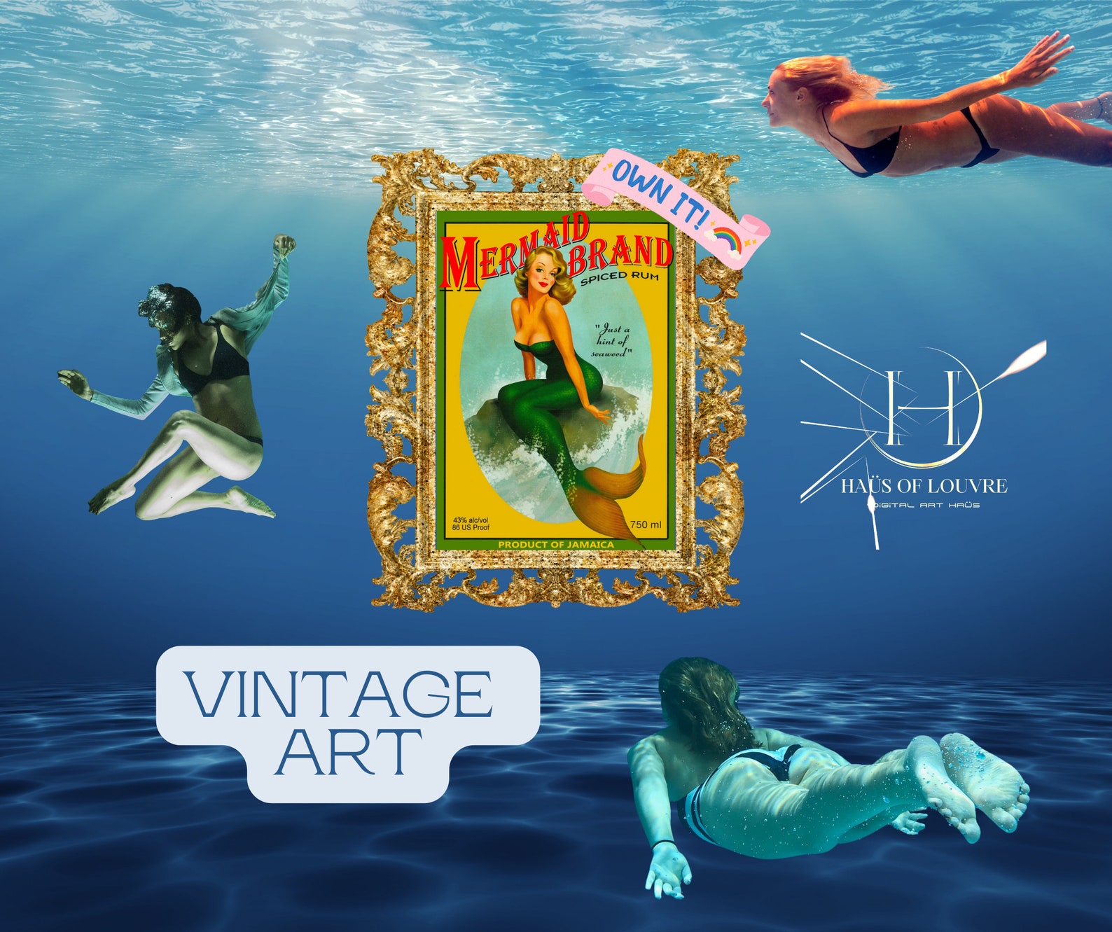 Mermaid 1940's Pin-up Girl Liquor Rum Vintage Art Vertical Poster Print ...