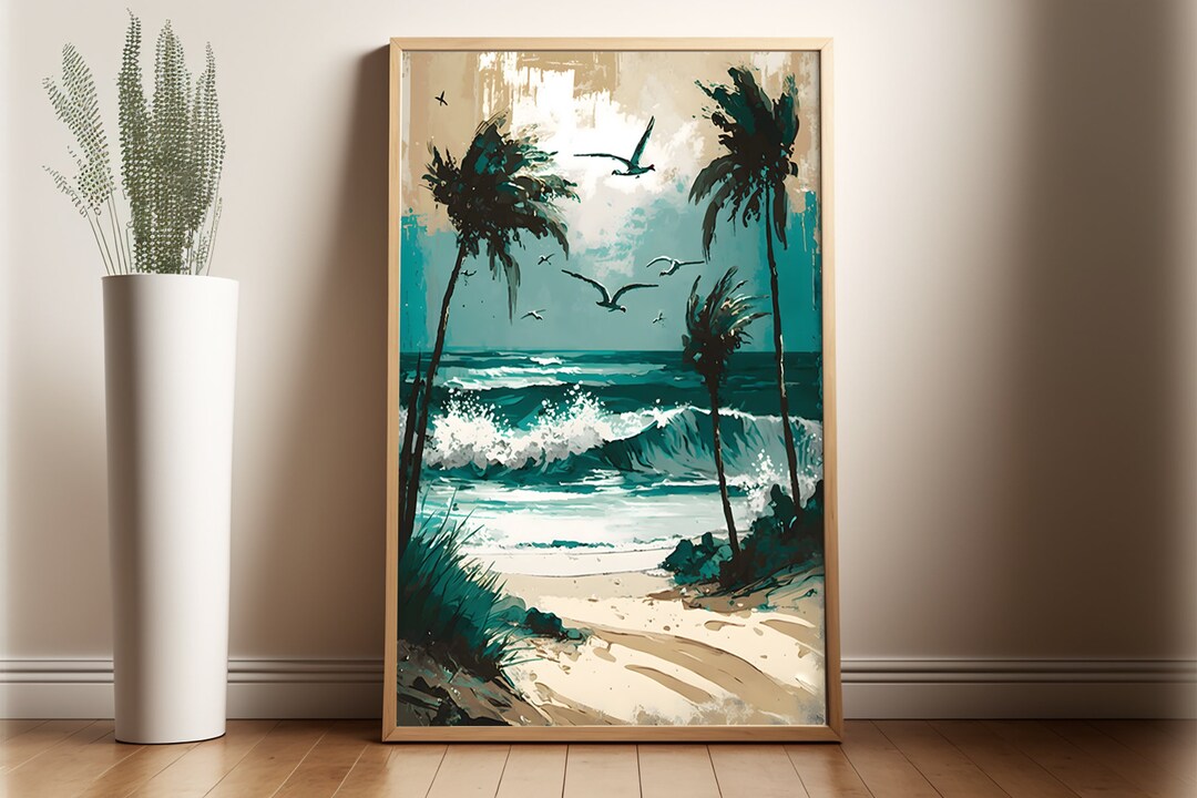 Seaside Landscape Expressionist Poster, Palm Trees, Coastal Landscape ...