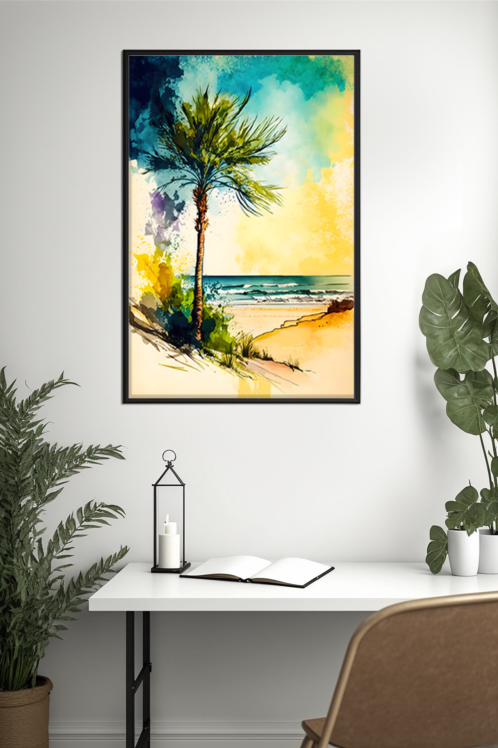Vintage Beach Landscape, Expressionist Watercolor Print, Palm Tree Art ...