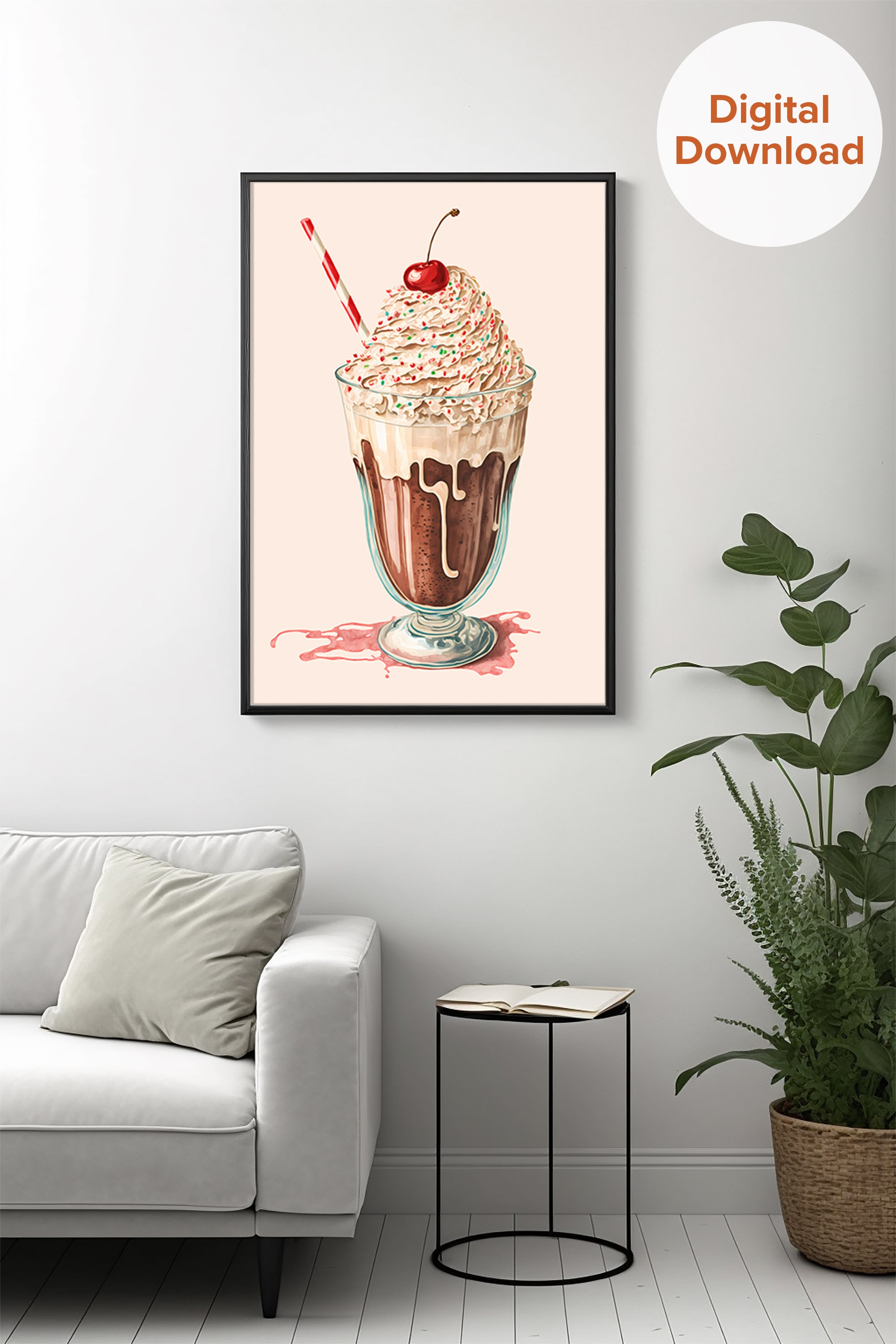 Retro 1950s Chocolate Milkshake Watercolor Digital Print, Unique Décor ...